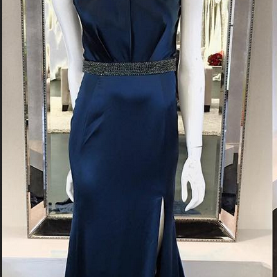 Unique Mermaid Halter Backless Split Front Sweep Train Prom Dress With ...