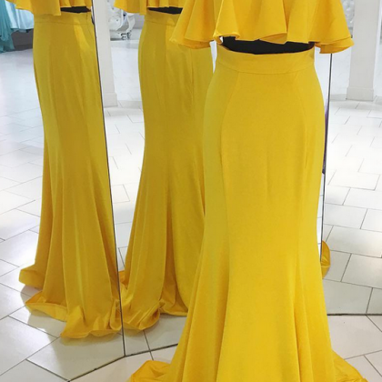 Two Piece Yellow Long Prom Dress With Ruffle,Prom Dresses,Evening Dress ...