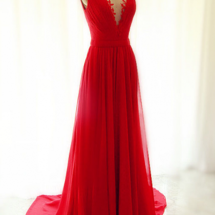 Beautiful Red Chiffon Long V-neckline Handmade Evening Gowns With See ...