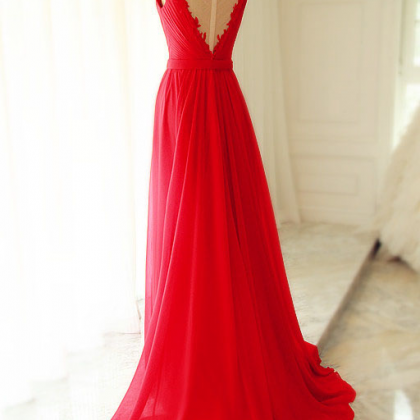 Beautiful Red Chiffon Long V-neckline Handmade Evening Gowns With See ...