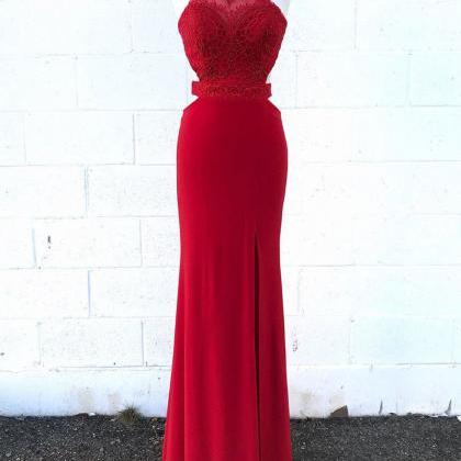 Red Lace High Neck Open Back Long Side Slit Evening Dress, Lace Prom ...