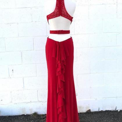 Red Lace High Neck Open Back Long Side Slit Evening Dress, Lace Prom ...