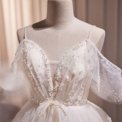 A-line V Neck Tulle Short Beige Prom Dress, Cute Beige Homecoming Dress ...