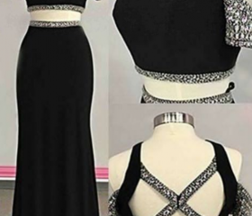 Black Chiffon Two Pieces Sequins Long Evening Dresses,unique Prom Dress ...