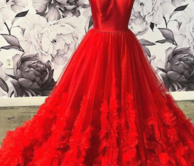 Red Tulle Strapless Long Ruffles Sweet Prom Dress, Red Evening Dress on ...