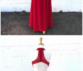 Red Lace High Neck Open Back Long Side Slit Evening Dress, Lace Prom ...