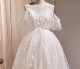 A-line V Neck Tulle Short Beige Prom Dress, Cute Beige Homecoming Dress ...