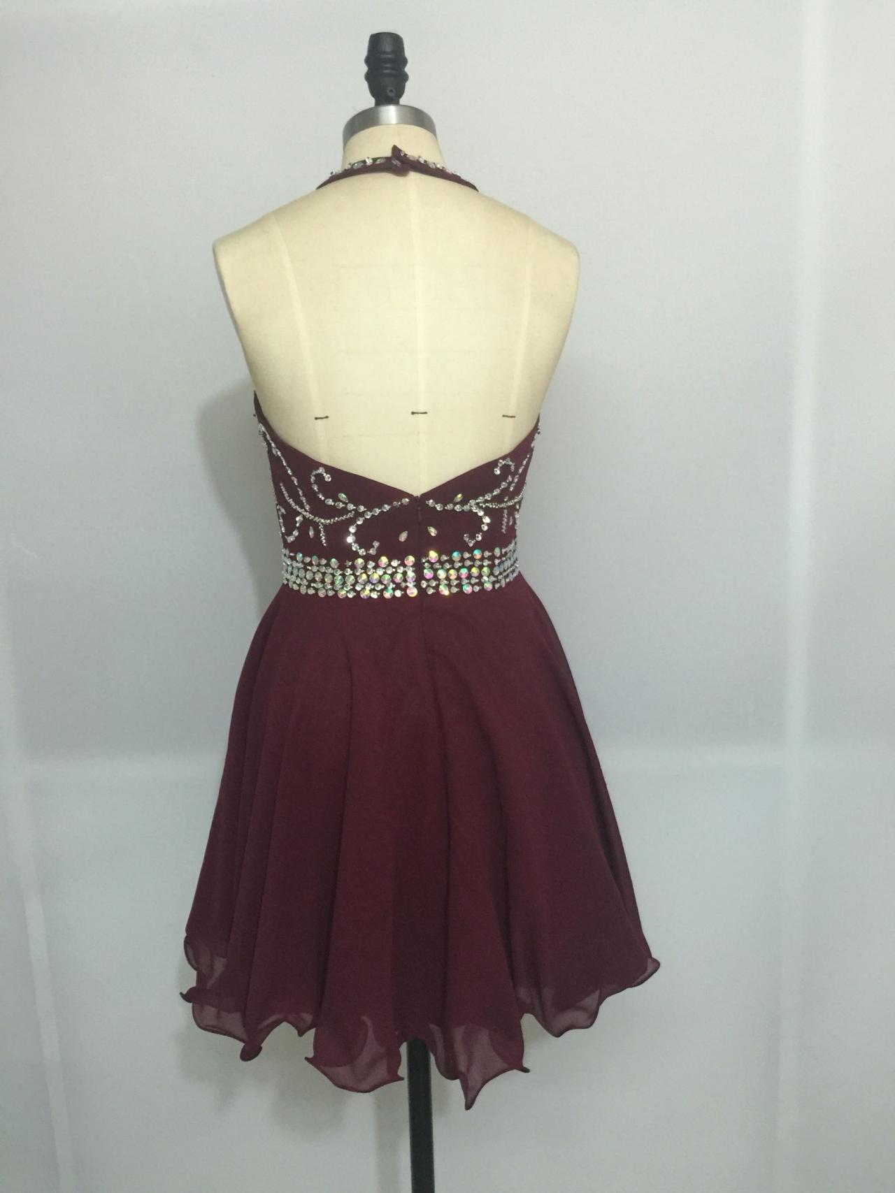 Lovely Maroon Halter Short Homecoming Dresses, Short Party Dresses ...