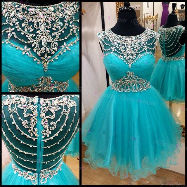 Short Blue Beaded Homecoming Dresses Tulle Mini Prom Dresses Sexy Party ...