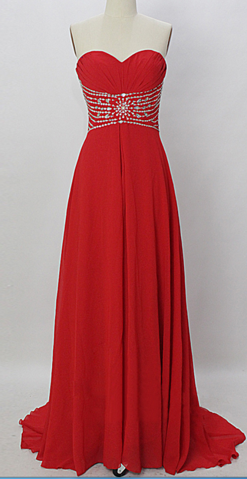 Long Red Chiffon Prom Dresses Sweetheart Crystals Floor Length Party ...