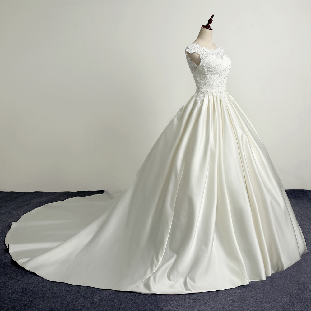 Ivory Floor Length Satin Wedding Gown Featuring Lace Bodice With Bateau ...