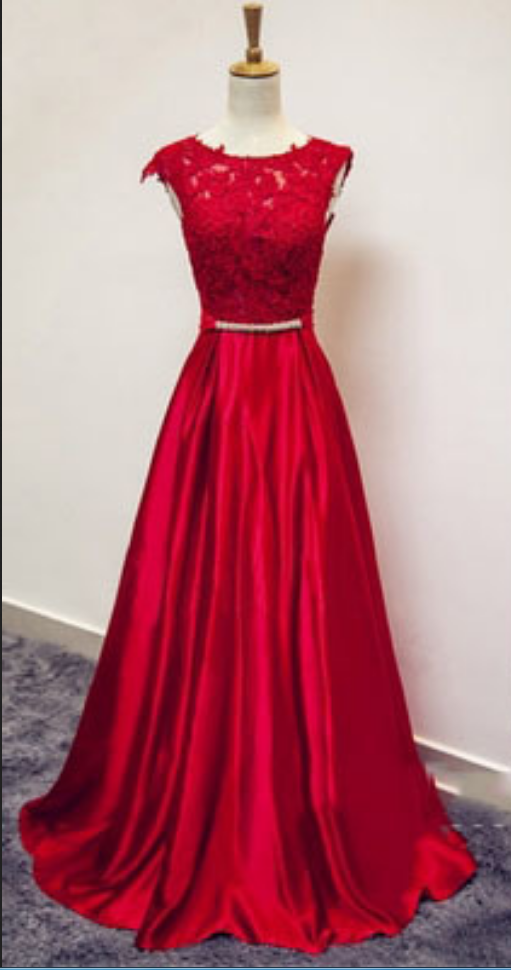 Red Lace And Satin V Back Long Prom Dresses, Red Formal Gowns, Evening ...