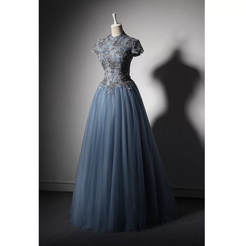 A - Ligne Unusually Long Blue Gray Appliques Evening Dress Formal Party ...
