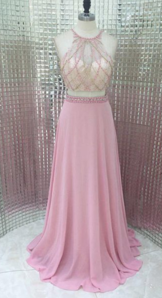 Halter Sheer Beaded Two-piece Chiffon Long Prom Dress, Evening Dress on ...