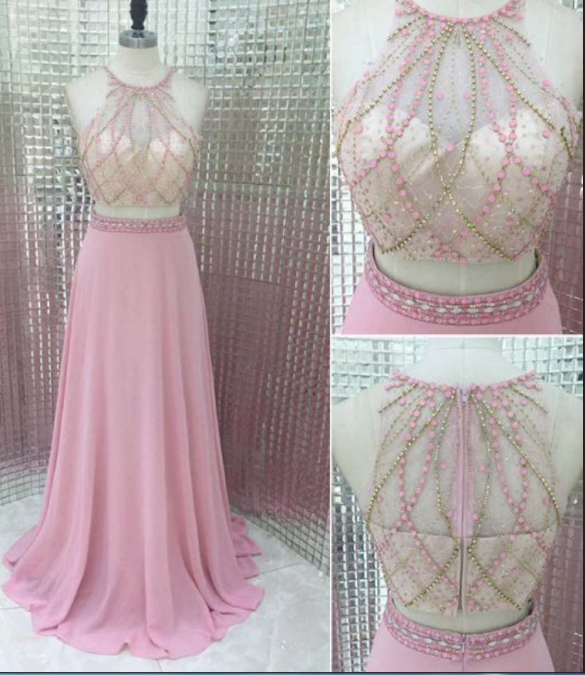 Halter Sheer Beaded Two-piece Chiffon Long Prom Dress, Evening Dress on ...