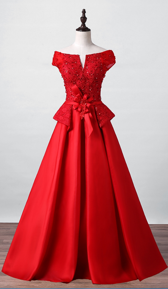 Red Sexy Formal Evening Dresses The Bride Married Satin Lace Embroidery ...