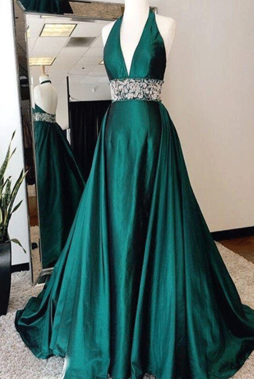 Sexy Charming V Neck Sleeveless Halter Backless Prom Dresses A Line ...