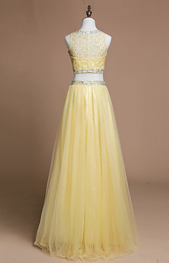 Yellow Two Piece Sequin Beading Long Prom Dress With Illusion ...