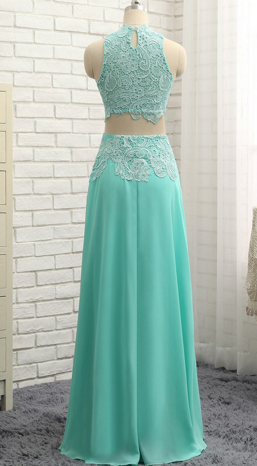 A-line High Collar Prom Dress,Chiffon Lace Prom Dresses,Two Pieces Long ...