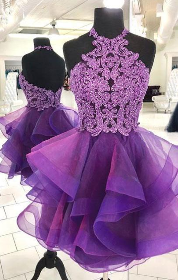 Cute Purple Tulle Lace Short Prom Dress, Purple Homecoming Dress on Luulla