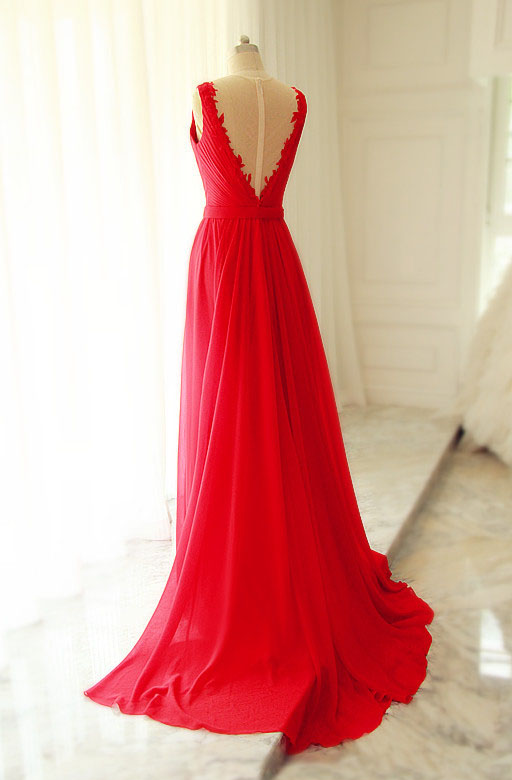 Beautiful Red Chiffon Long V-neckline Handmade Evening Gowns With See ...