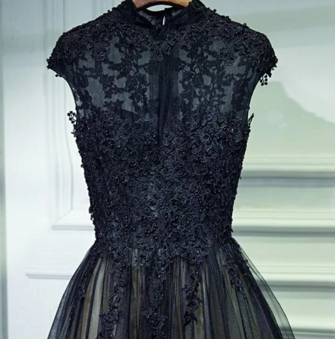 Vintage A Line Chic Long Black Lace Cap Sleeves High Neck Beads ...
