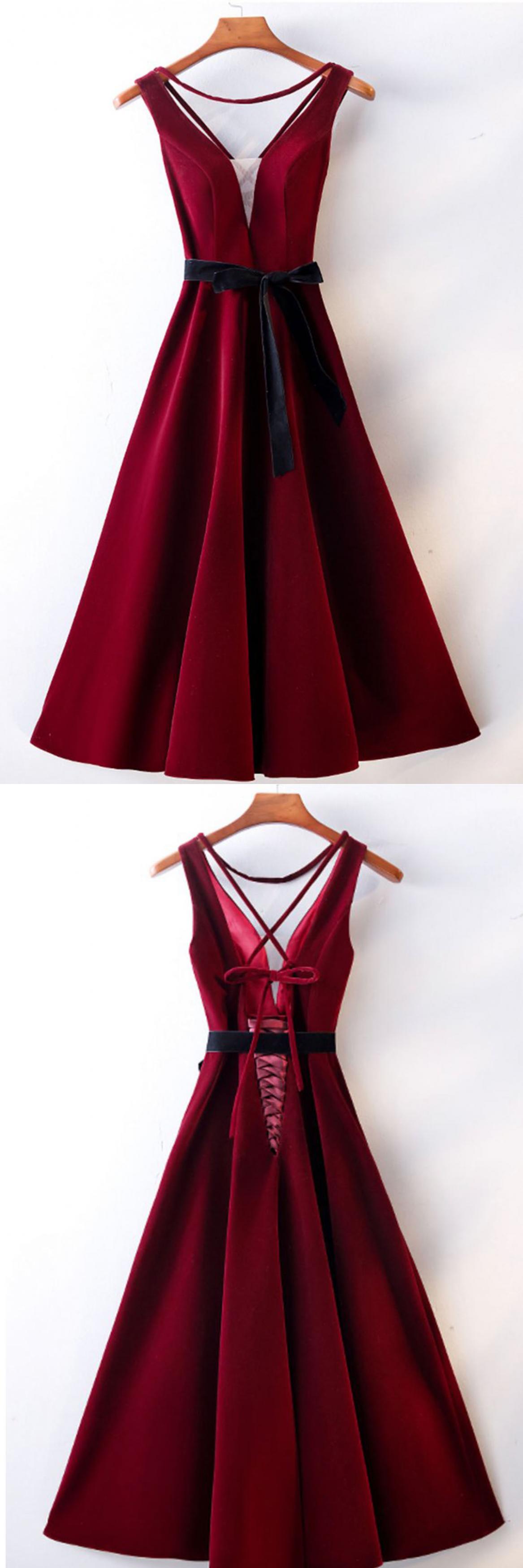Burgundy Satin V Neck Mid Length Prom Dress, Bridesmaid Dress With Sash ...