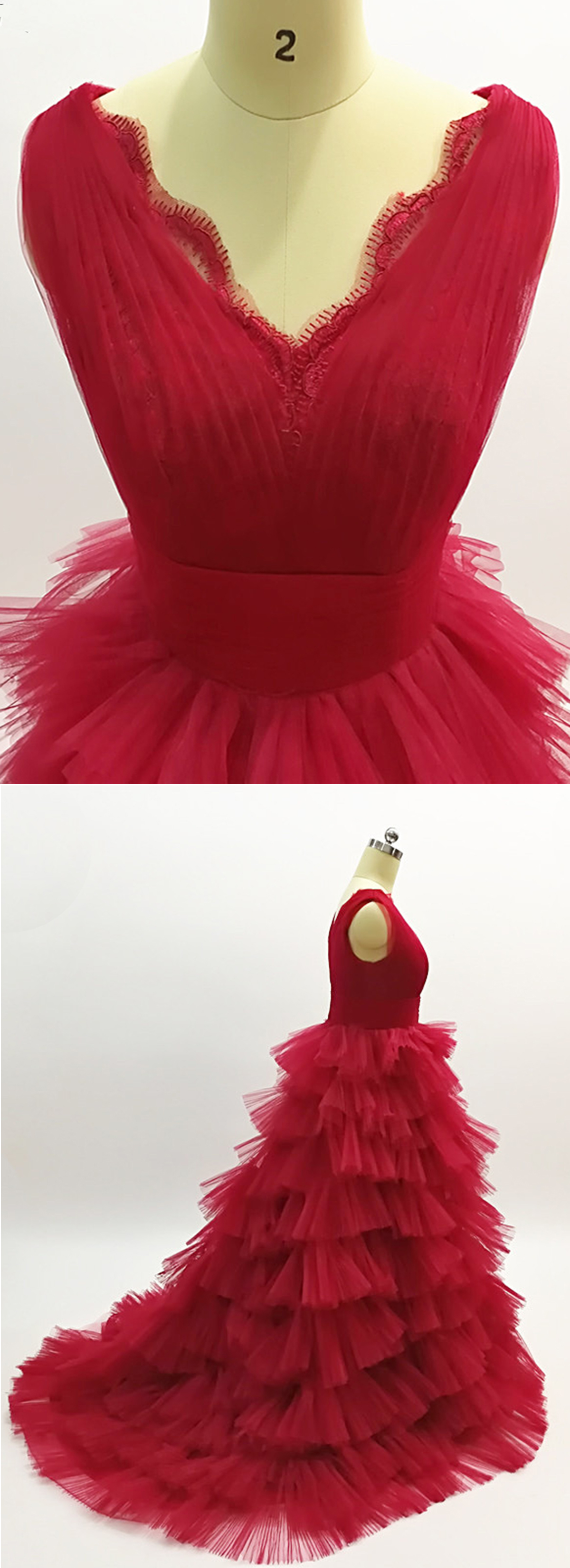 Burgundy Tulle Layered Long Open Back Evening Dress, Homecoming Dress ...