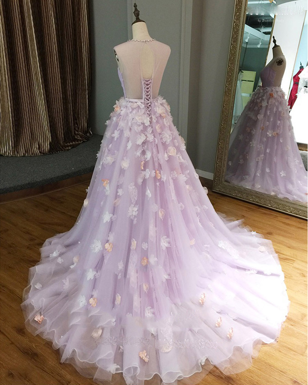Lavender Tulle V Neck Long 3d Flower Lace Long Evening Dress on Luulla