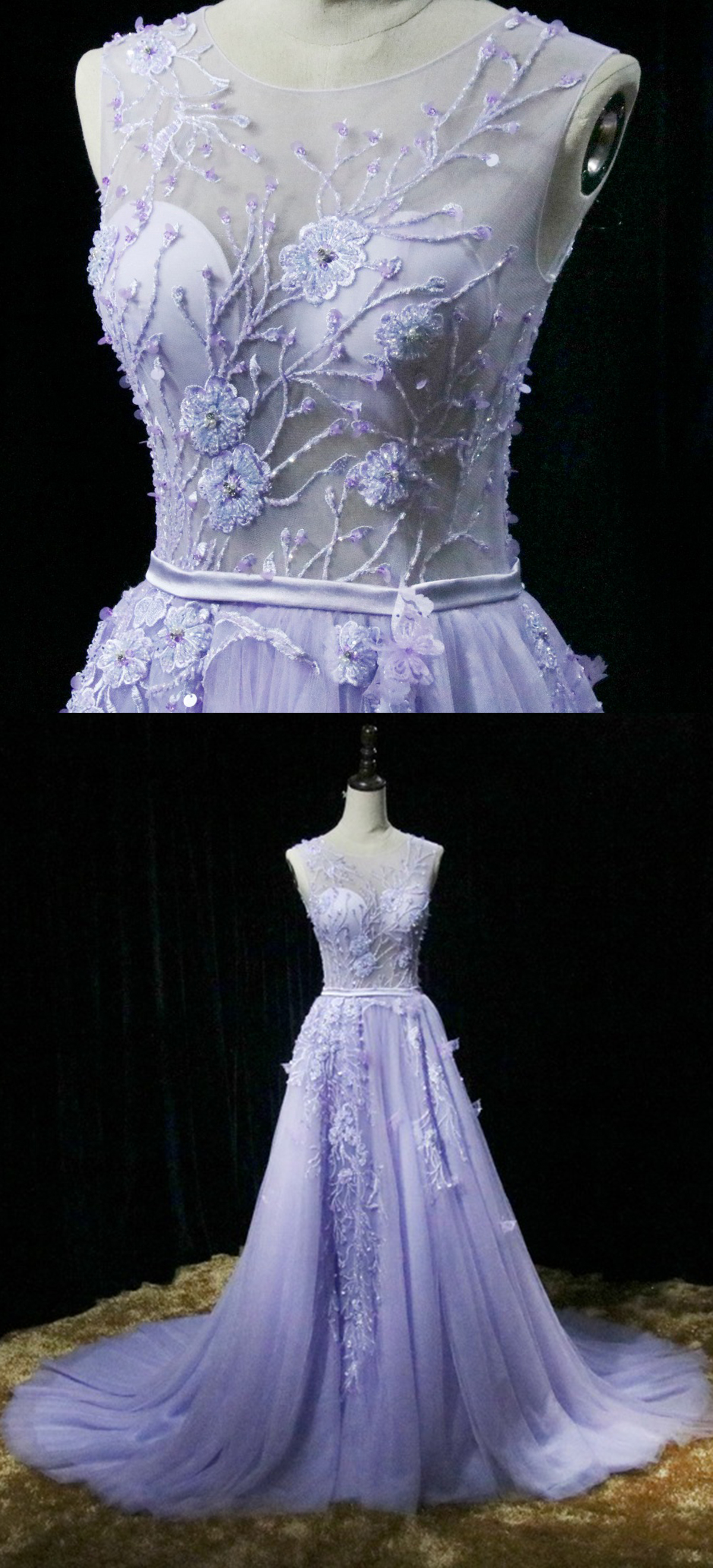 Violet Tulle Crystal Long Embroidery Senior Prom Dress, Long Pageant ...