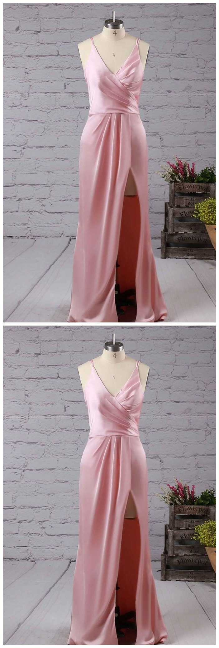 Custom Made Pink Satin V-neckline Foldover Style Long Evening Dress ...