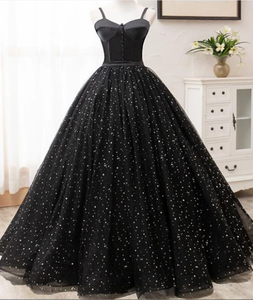 Beautiful Black Prom Dresses, Princess Spaghetti Straps Sleeveless ...