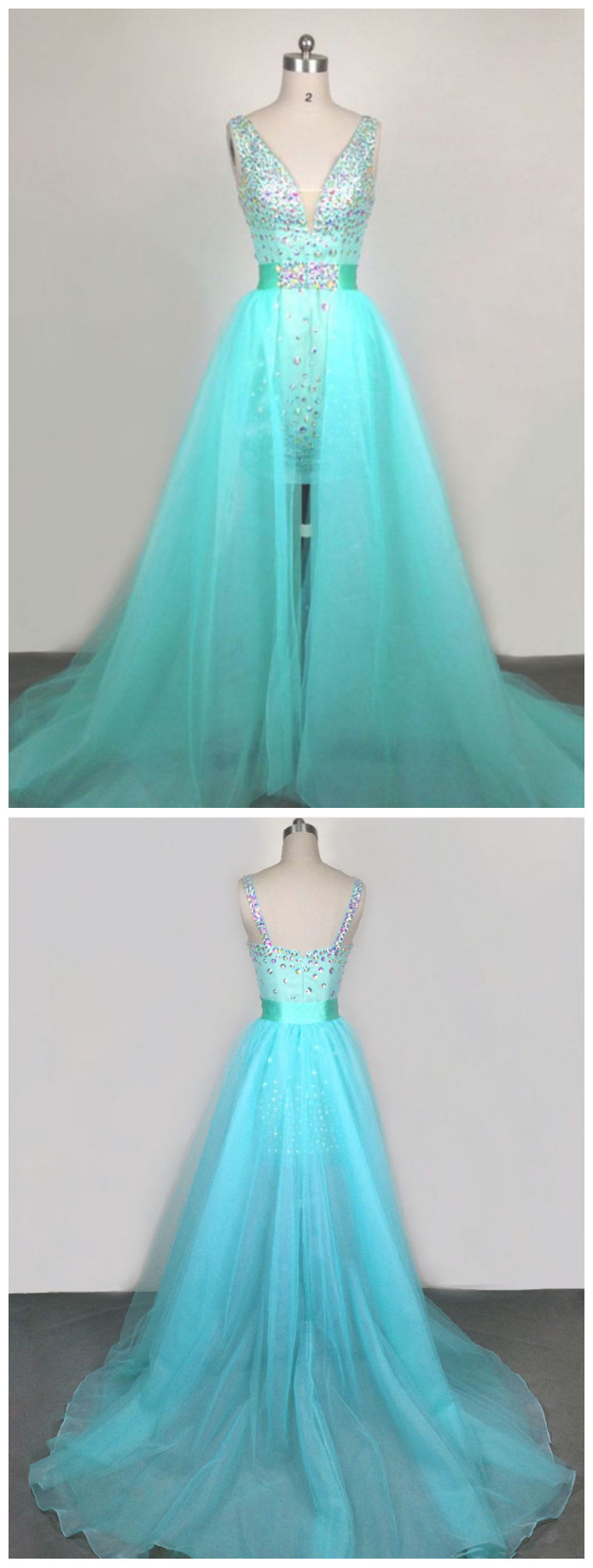 Fashionable Dress Two Crystal Ball Gown Sexy Cleavage V Removable Train ...