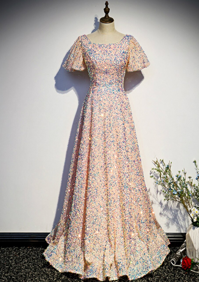 Sequins Square Puff Sleeve Prom Dress on Luulla