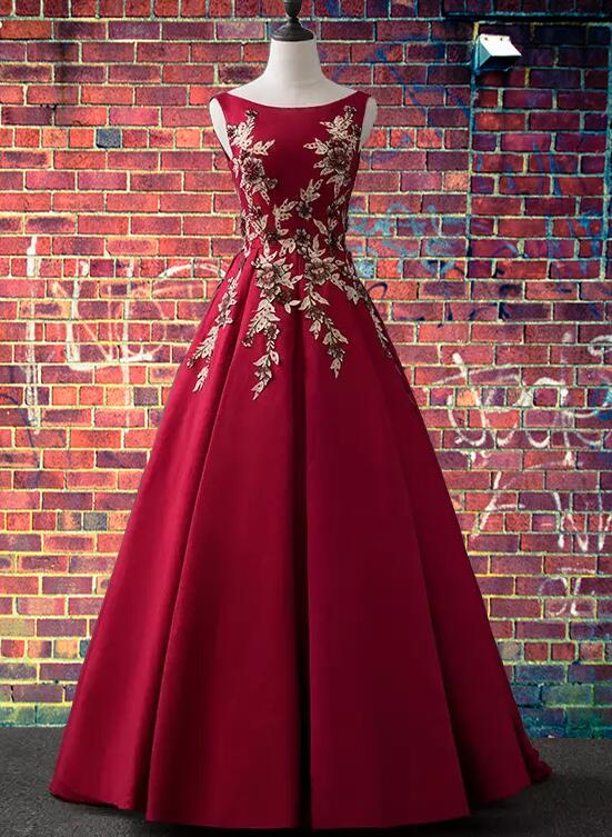 Charming Wine Red Satin Party Dress With Lace Applique, Dark Red Prom ...