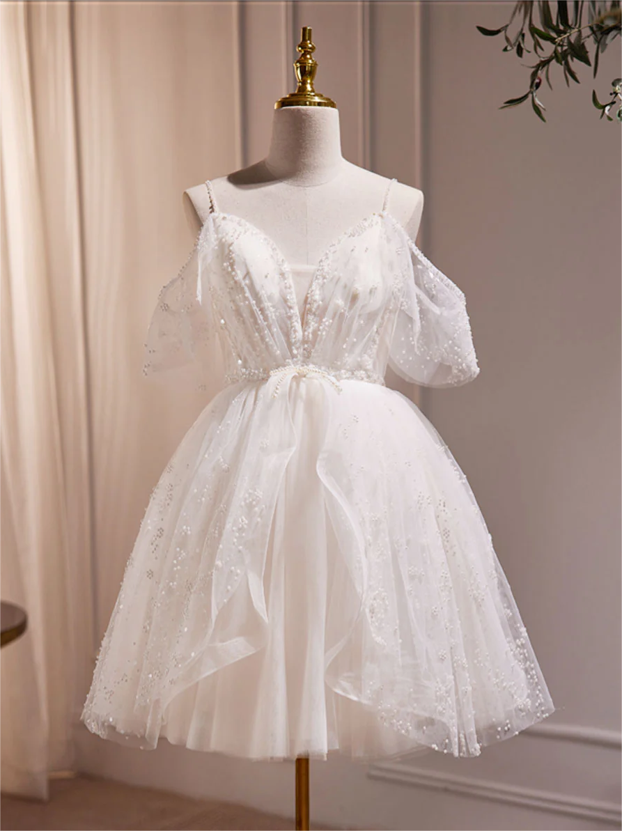 A-line V Neck Tulle Short Beige Prom Dress, Cute Beige Homecoming Dress ...