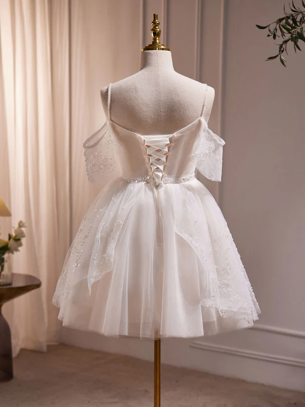 A-line V Neck Tulle Short Beige Prom Dress, Cute Beige Homecoming Dress ...