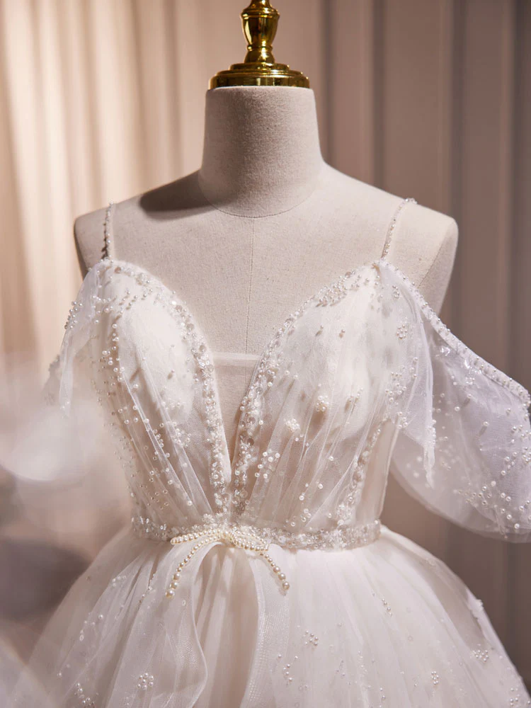 A-line V Neck Tulle Short Beige Prom Dress, Cute Beige Homecoming Dress ...