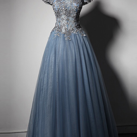 A - Ligne Unusually Long Blue Gray Appliques Evening Dress Formal Party ...