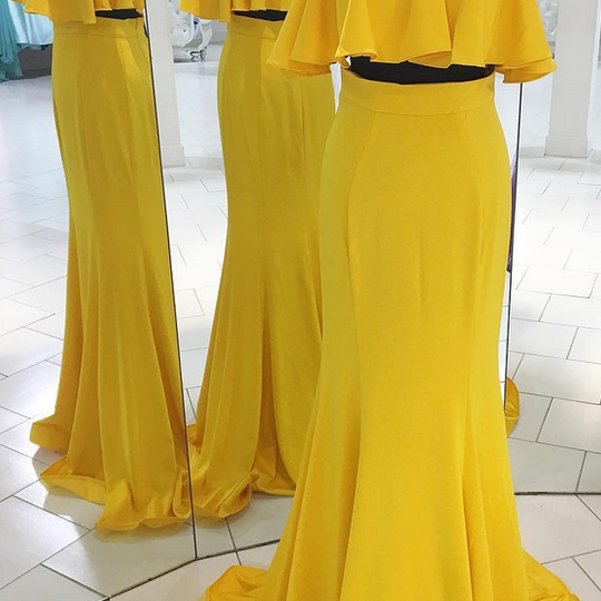 Two Piece Yellow Long Prom Dress With Ruffle,Prom Dresses,Evening Dress ...