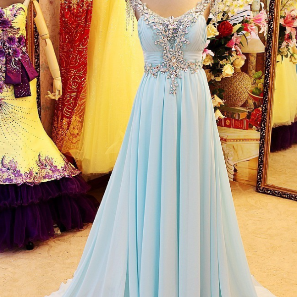 Real Image Luxurious Light Sky Blue V Neck Floor Length Open Back ...