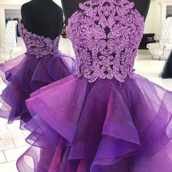 Cute Purple Tulle Lace Short Prom Dress, Purple Homecoming Dress on Luulla