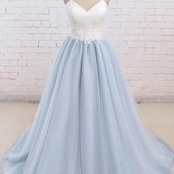 Light Blue Sweetheart Spaghetti Straps Chic Blue Tulle Backless Prom ...