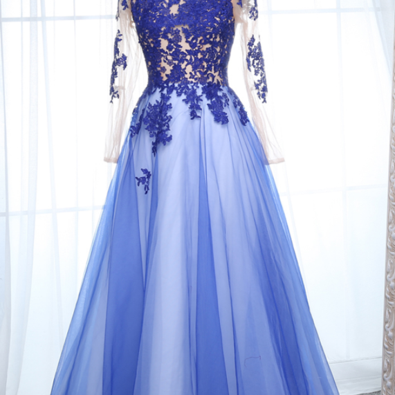 Royal Blue Lace Open Back Long Sleeve Prom Dress, Evening Dress on Luulla