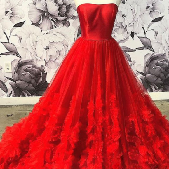 Red Tulle Strapless Long Ruffles Sweet Prom Dress, Red Evening Dress on ...