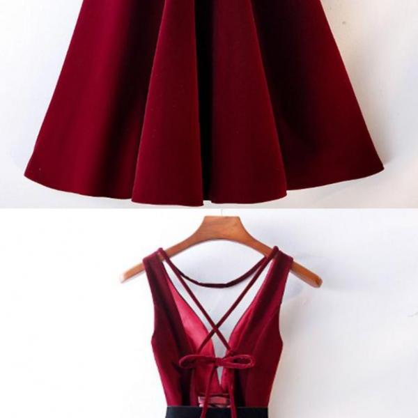 Burgundy Satin V Neck Mid Length Prom Dress, Bridesmaid Dress With Sash ...