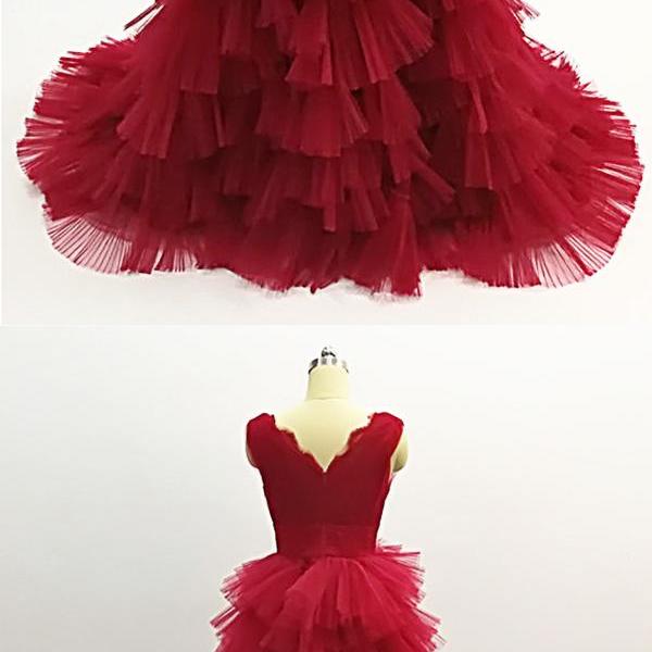 Burgundy Tulle Layered Long Open Back Evening Dress, Homecoming Dress ...