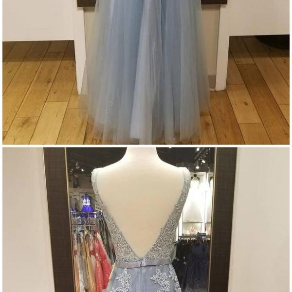 Blue Gray Tulle Long V Neck Lace Appliqué Prom Dress With Bowknot on Luulla