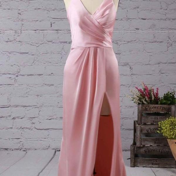 Custom Made Pink Satin V-neckline Foldover Style Long Evening Dress ...