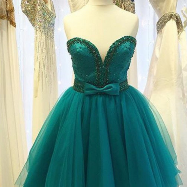 Mini Short Hunter Green Homecoming Dress Beads Rhinestones Tulle Prom ...
